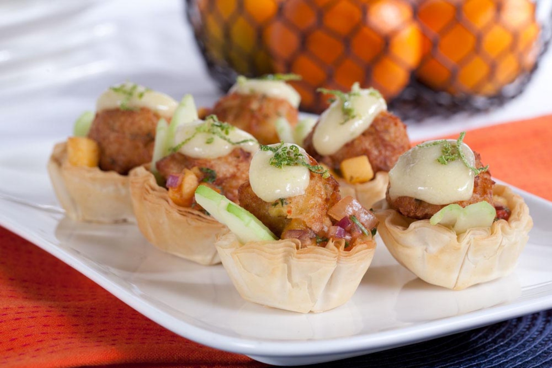 Mini Crab Cups with Peach Salsa Recipe—a craveable bite sized app