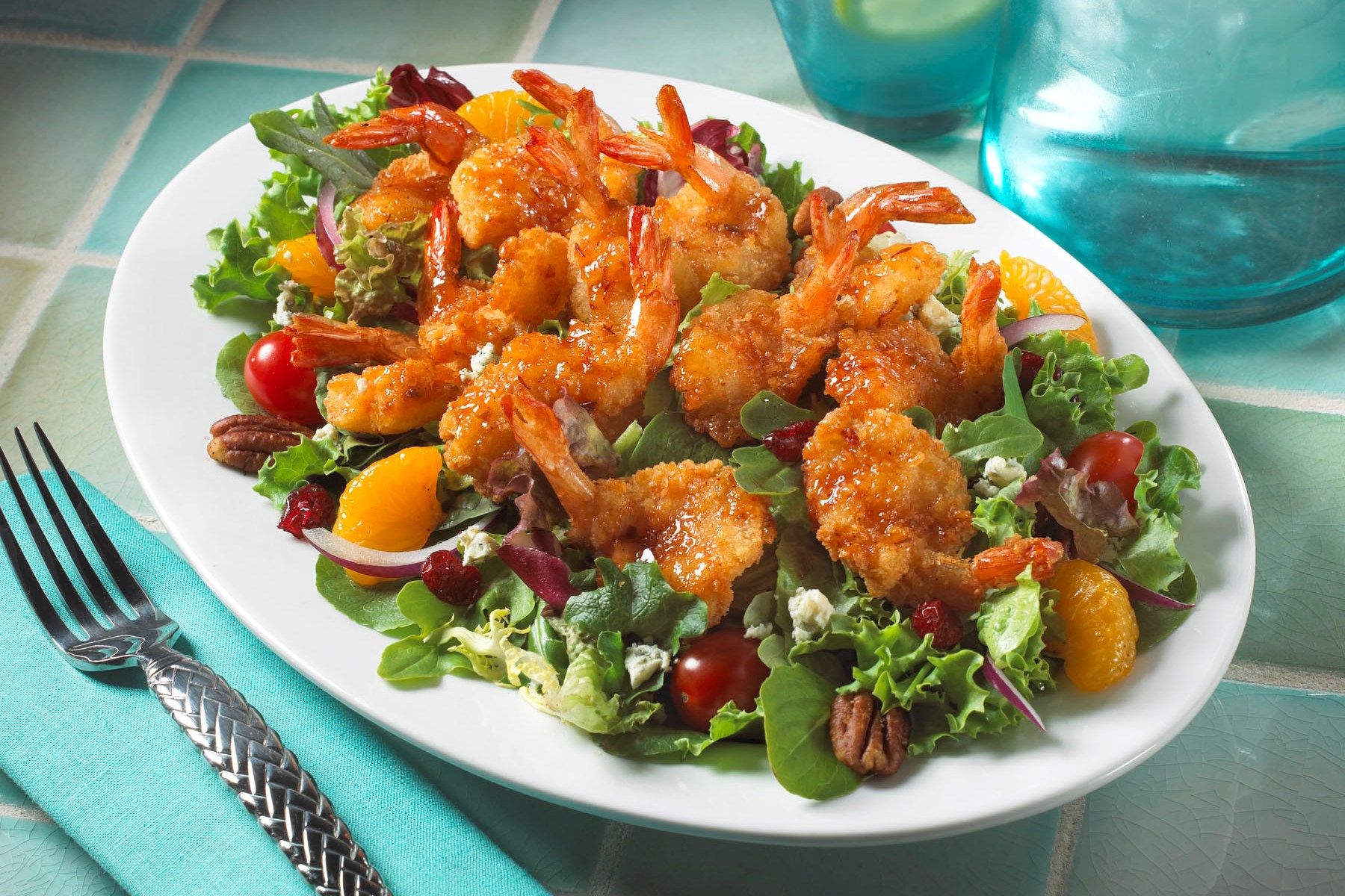 Crispy Shrimp Salad Recipe features shrimp, nuts, veggies and cheese